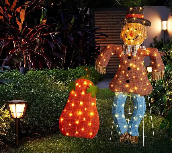 GLITZHOME Lighted Fall Scarecrow & Pumpkin Outd Oor Decor S/2