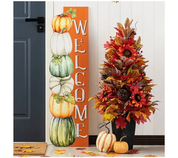 GLITZHOME 42 Lighted Fall Pumpkins Welcome Porch Sign