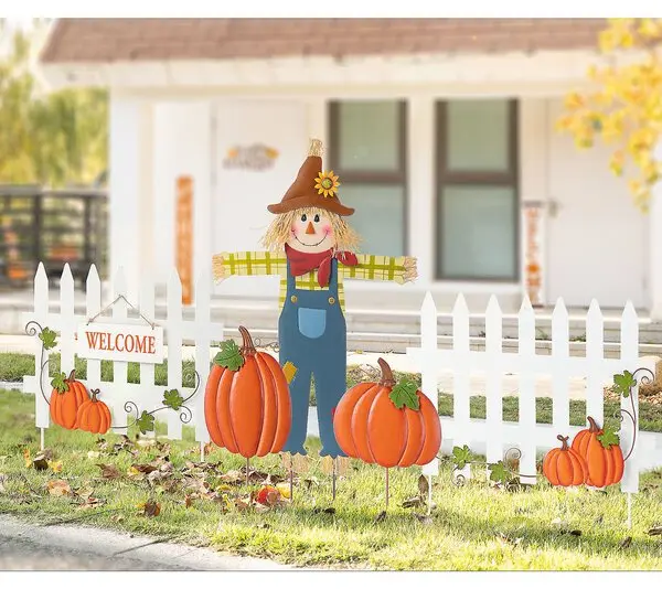 GLITZHOME Fall Metal Scarecrow, Pumpkin & Fence Stakes 5-piece