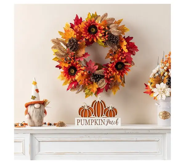 GLITZHOME 24'd Fall Harvest Sunflower, Pinecone & Berry Wreath