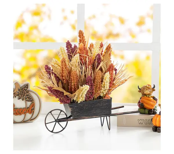 GLITZHOME 15'h Fall Harvest Sorghum Cart Barrow Centerpiece