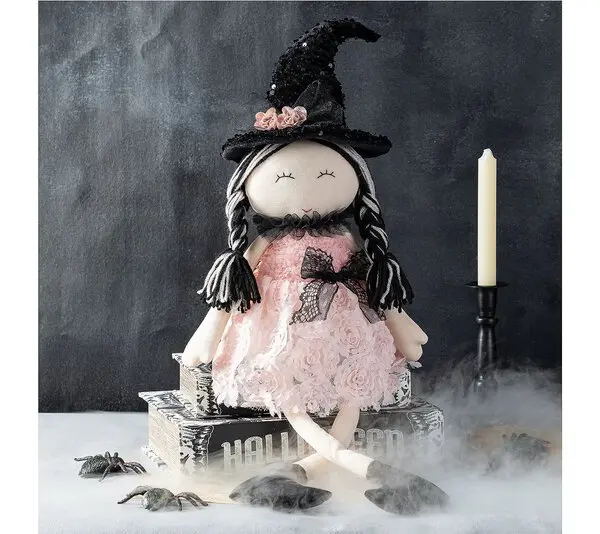 GLITZHOME 29 Halloween Fabric Dressed Witch Shelf Sitter
