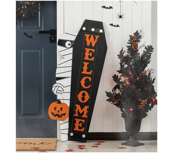GLITZHOME Halloween Mummy And Welcome Coffin Po Rch Signs S/2