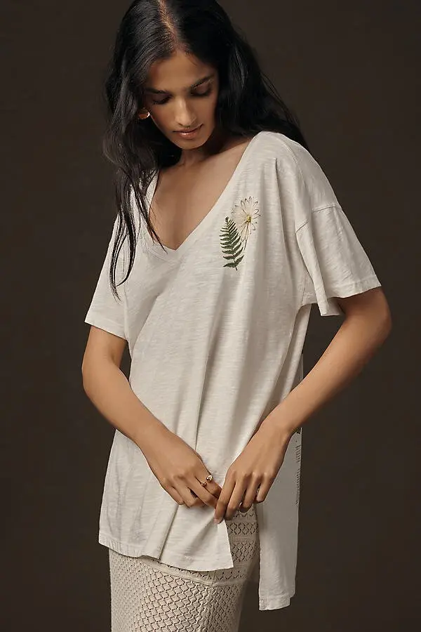 PILCRO The Jordyn Cotton-slub V-neck Oversized T-shirt - Ivory