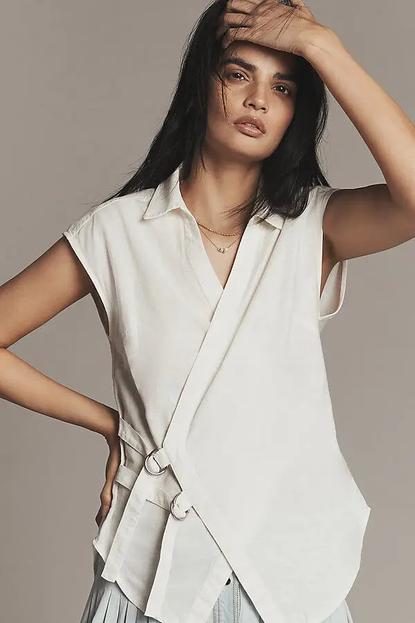 PILCRO Belted Wrap Linen Cotton Blouse
