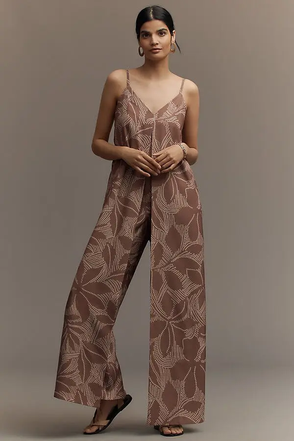 HUTCH Sleeveless V-neck Wide-leg Jumpsuit - Coffee Stippled Two Tone