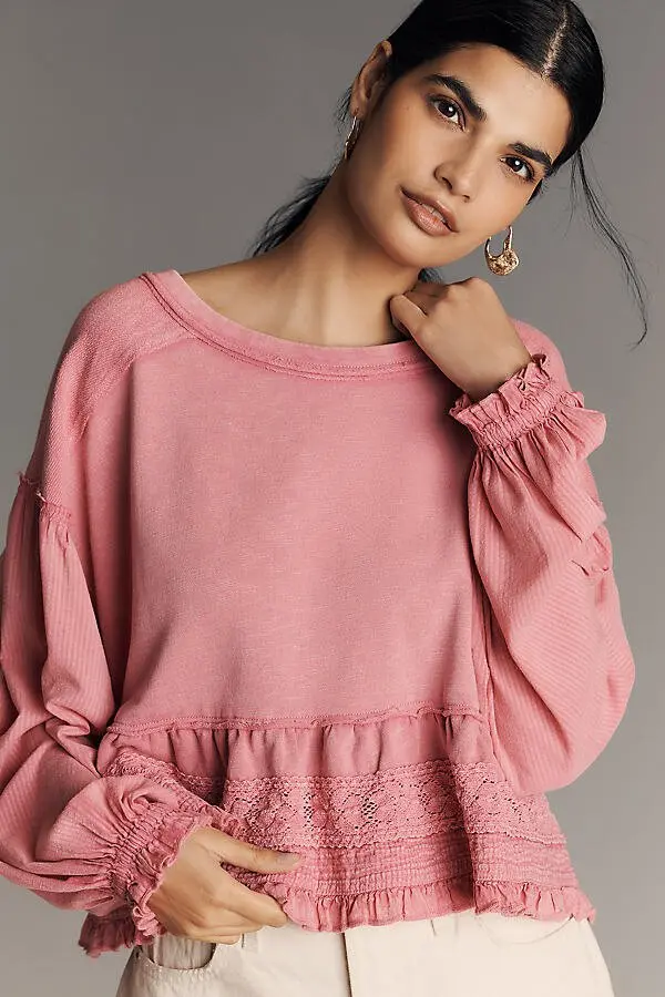 PILCRO Long-sleeve Crop Babydoll Top - Dried Raspberry