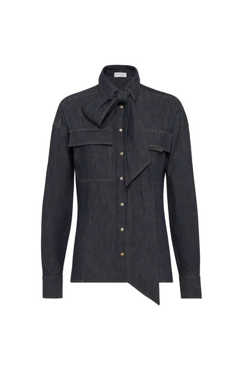 Brunello Cucinelli Pussybow Shirt With Monili - Dark Denim