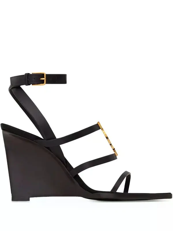 Saint Laurent 90mm Cassandra Strappy Wedge Sandals - Black