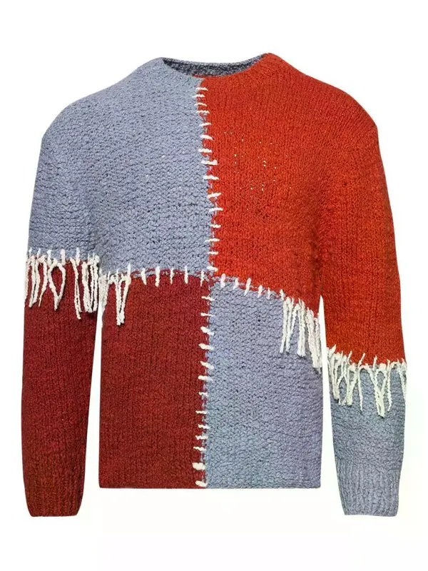 THE ELDER STATESMAN Fringe-embellished Patchwork Sweater - Blue