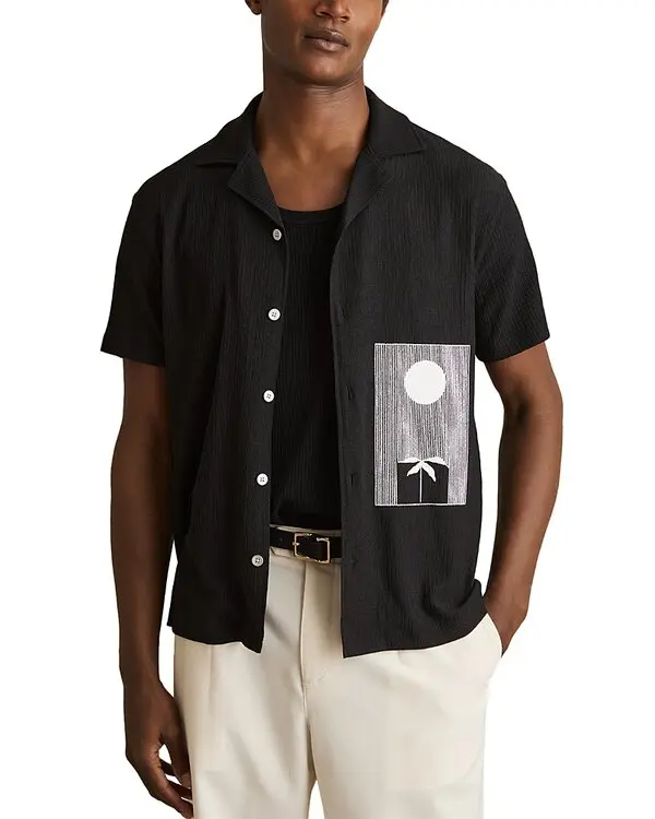 REISS Textured Graphic Camp Shirt - Black