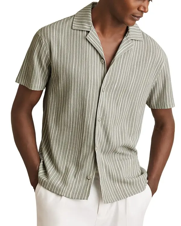 REISS Textured Printed Camp Shirt - Sage/white