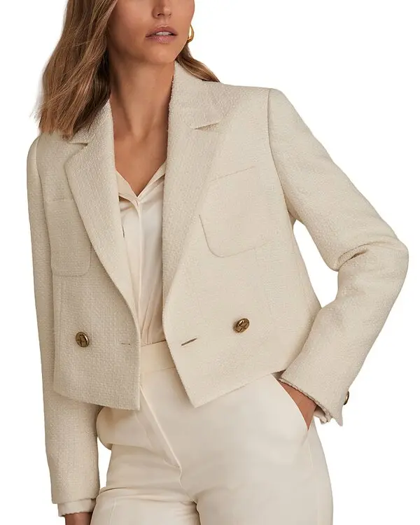 REISS Mia Cropped Double Breasted Textured Blazer - White