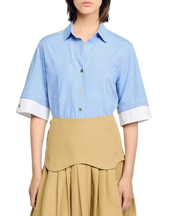 Sandro Cropped Check Shirt - Ciel/ Blanc
