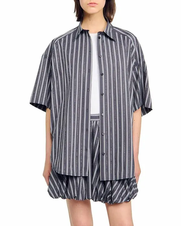 Sandro Oversized Striped Rhinestone Shirt - Grey