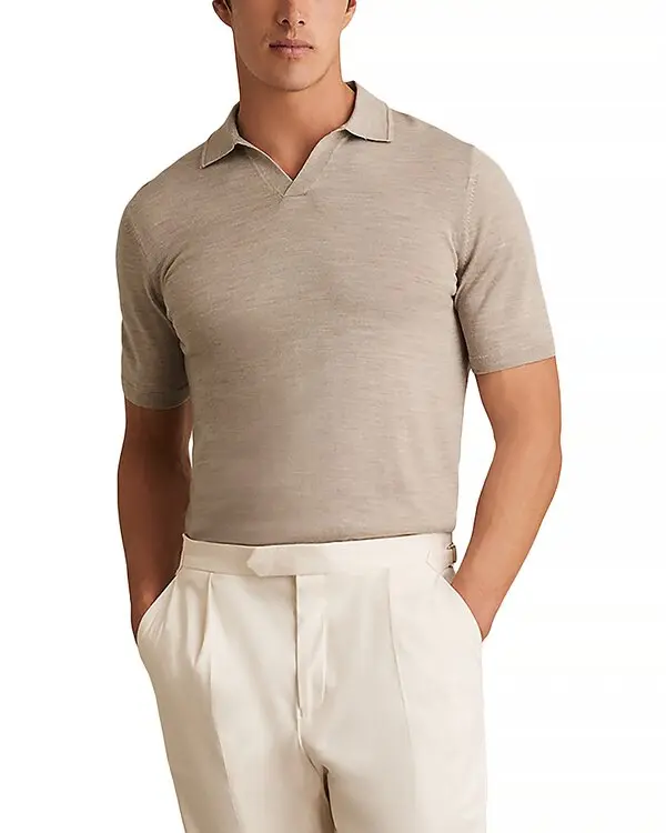 REISS Open Collar Merino Wool Polo Shirt - Wheat Melange