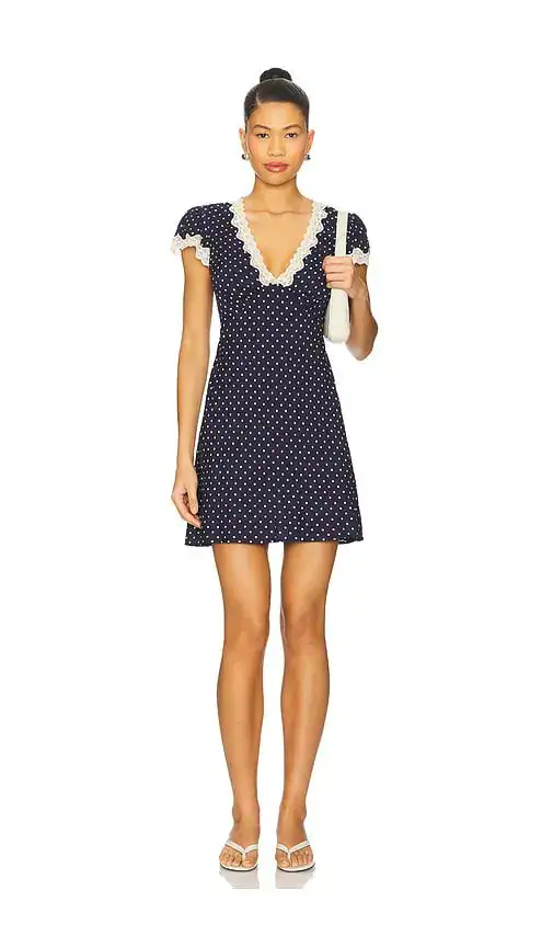 Rixo Cely Polka Dot Dress With Lace Trim - Polka Dot Navy | Editorialist