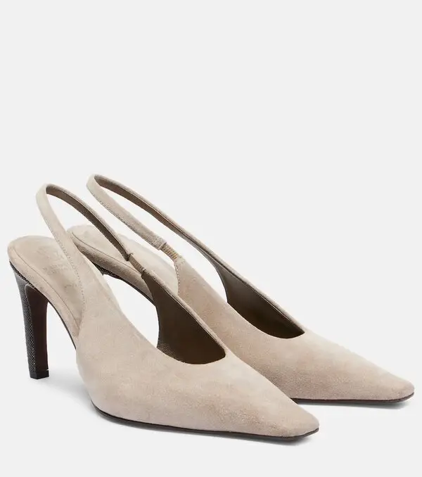 Brunello Cucinelli 80 Monili Suede Slingback Pumps