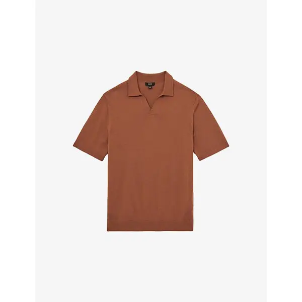 REISS Duchie Open-collar Short-sleeve Merino-wool Polo - Cinnamon Brown
