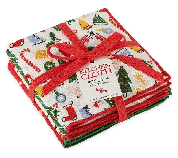 DESIGN IMPORTS S/4 Holiday Vibes Printed Waffle Dishcloths