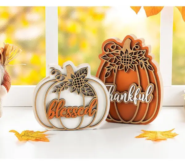 GLITZHOME Thanksgiving Wooden Pumpkin Table Dec Or Set Of 2