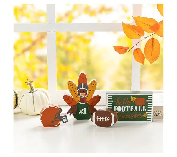 GLITZHOME Thanksgiving Wooden Turkey Table Deco R Set Of 4