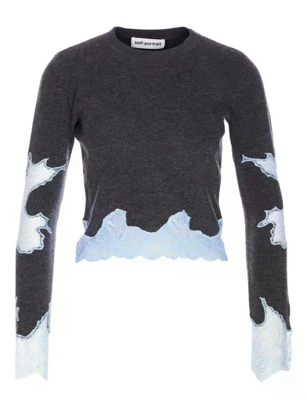 SELF-PORTRAIT Lace-detail Long-sleeve Top - Grey