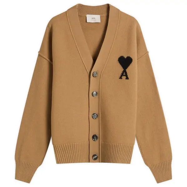 Ami Felted Merino Wool Knit Adc Cardigan - Camel/noir