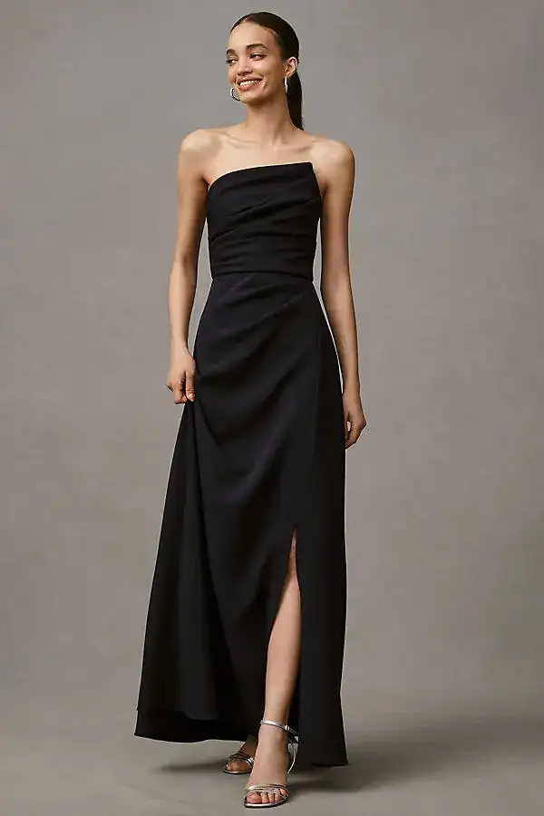 Shoshanna Dory Strapless Asymmetric Crepe A-Line Maxi Dress - Navy |  Editorialist