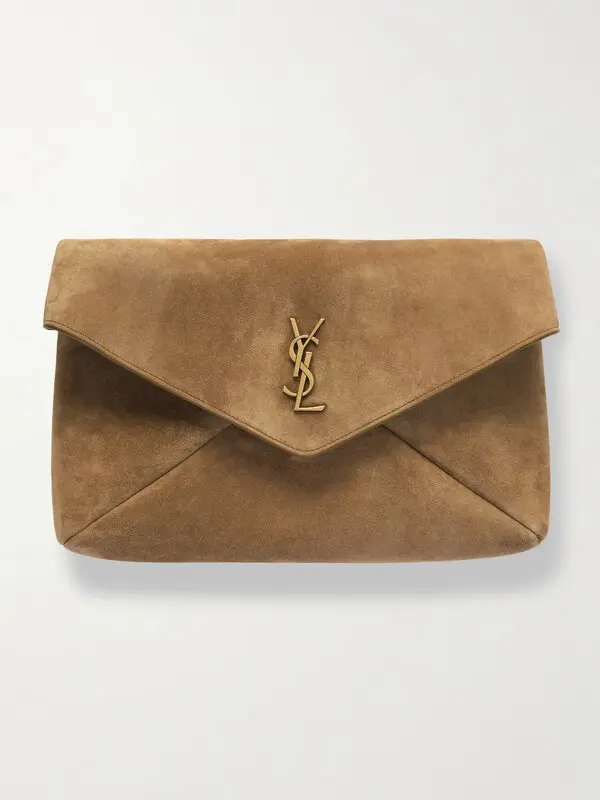 Saint Laurent Cassandre Suede Clutch - Brown