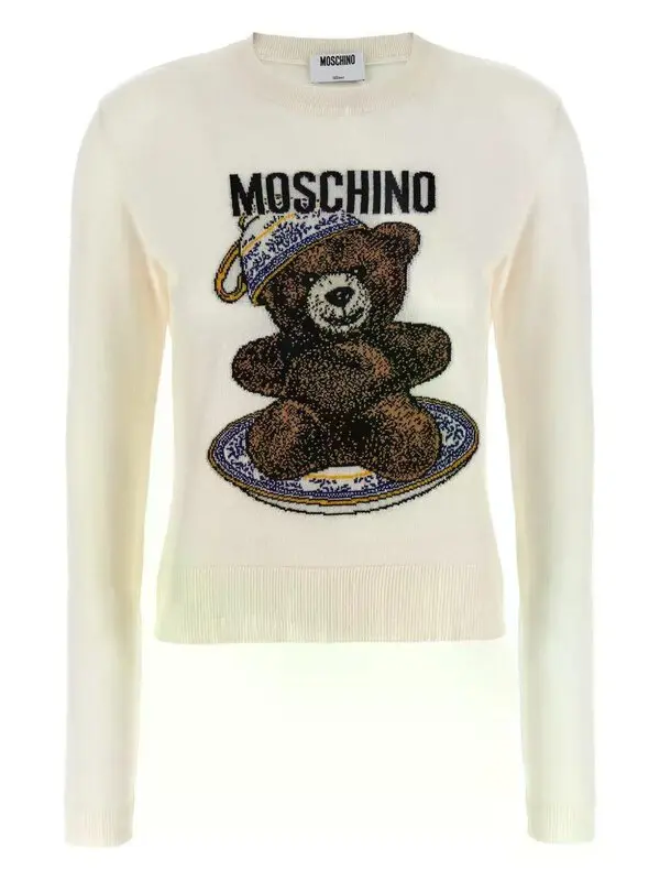Moschino Teddy Intarsia Crew Neck Sweater - White