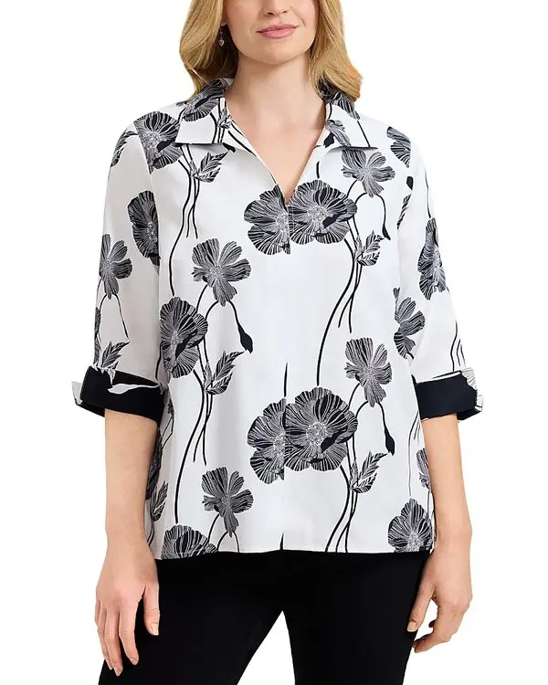 Foxcroft Agnes Printed Popover Top - White/ Black