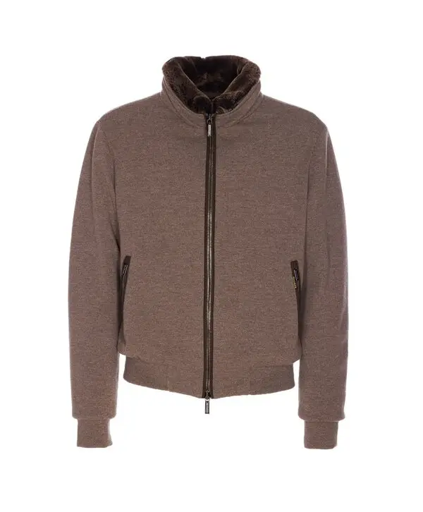 MOORER Down Jacket With Shearling Collar - Brown