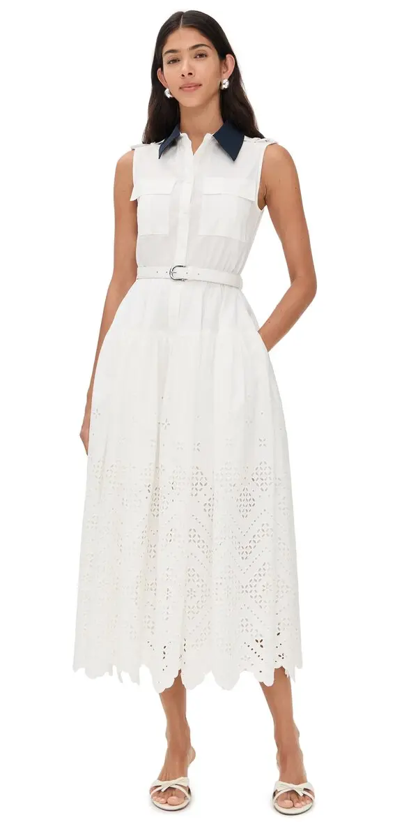 SELF-PORTRAIT Contrast Collar Broderie Midi Dress