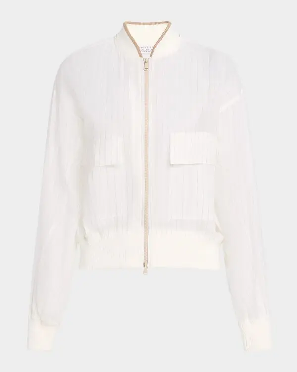 Brunello Cucinelli Pinstriped Cotton Gauze Bomber Jacket With Monili Trim