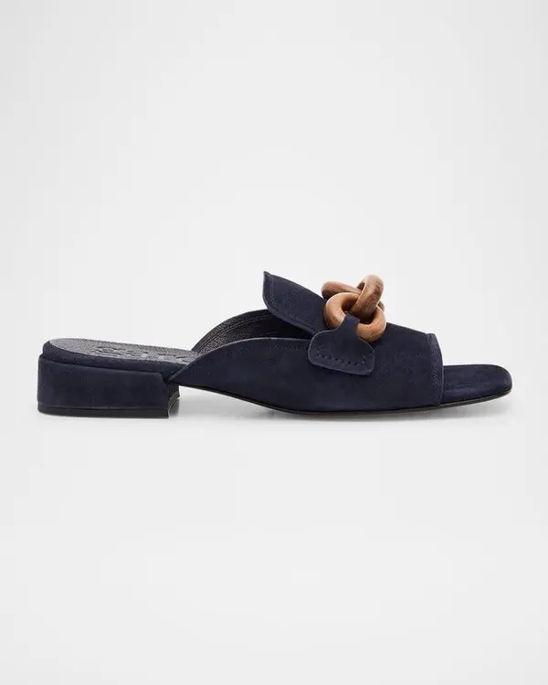 PEDRO GARCIA Enna Suede Chain Loafer Mules - Navy Plush Suede-walnut