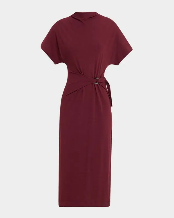 Brunello Cucinelli Drape Short-sleeve Wool Jersey Midi Wrap Dress - C9663 Bordeaux