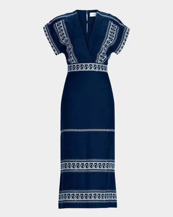 Silvia Tcherassi Ady Embroidered Linen Midi Dress - Nvywhteb