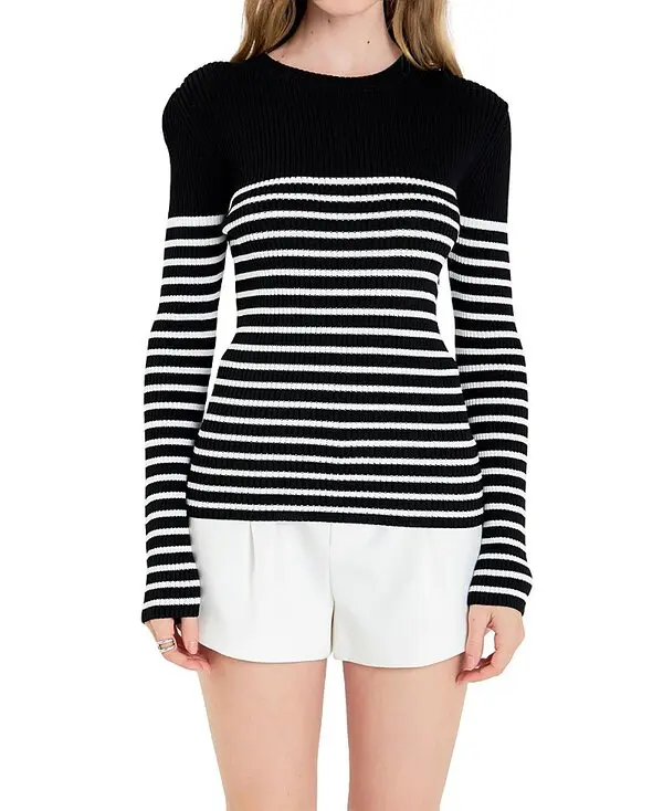 English Factory Stripe Long Sleeve Knit Top - Black/white