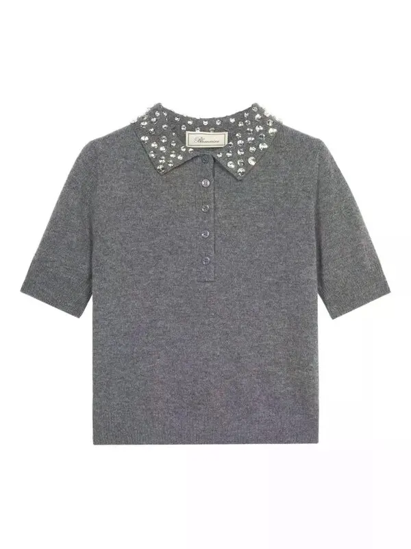 Blumarine Beaded-collar Polo Top - Grey