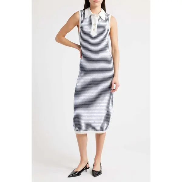 FRAME The Bold Stripe Knit Polo Midi Dress