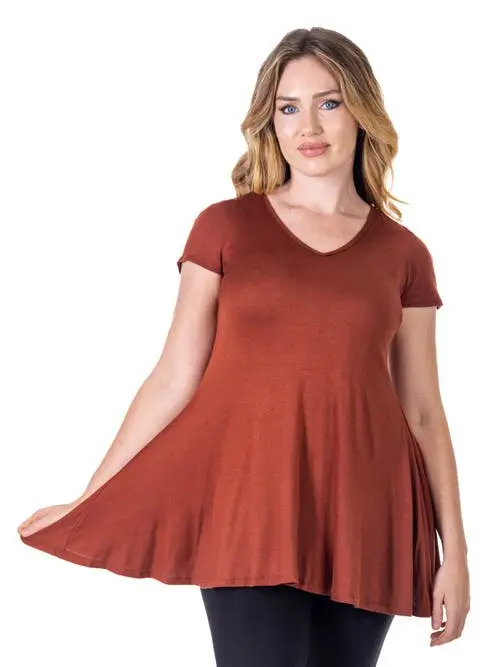 24SEVEN COMFORT APPAREL Short Sleeve V-neck Tunic Top - Brown
