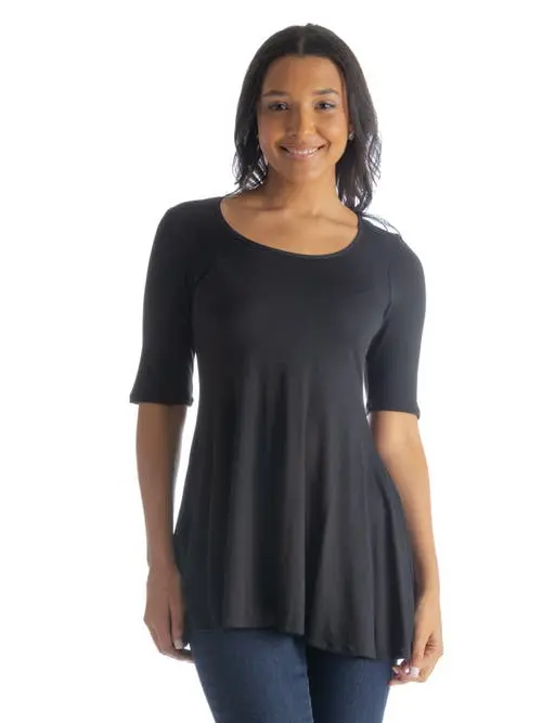 24SEVEN COMFORT APPAREL Elbow Sleeve Swing Tunic Top - Black