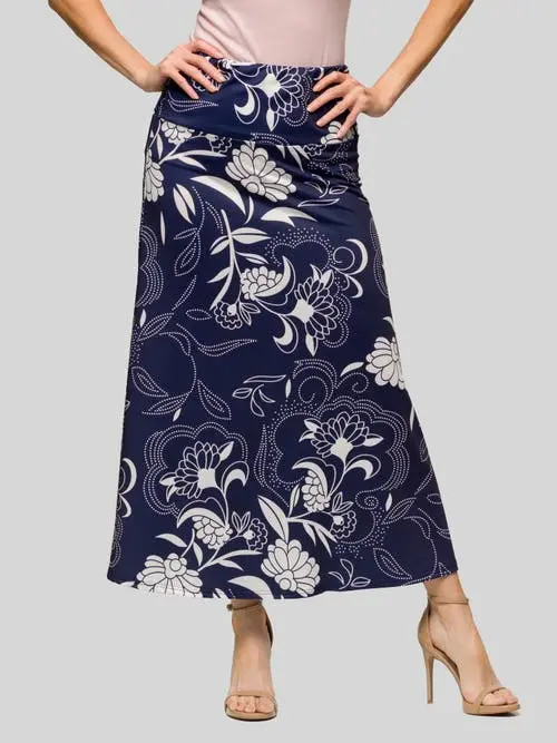 24SEVEN COMFORT APPAREL Floral Print Elastic Waist A-line Maxi Skirt - Navy Multi