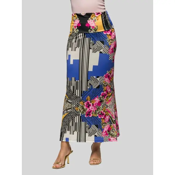 24SEVEN COMFORT APPAREL Floral Print Foldover Waist Maxi Skirt