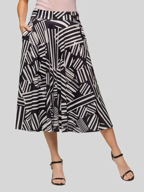 24SEVEN COMFORT APPAREL Geometric Print Elastic Waist Midi Skirt With Pockets - Black Multi