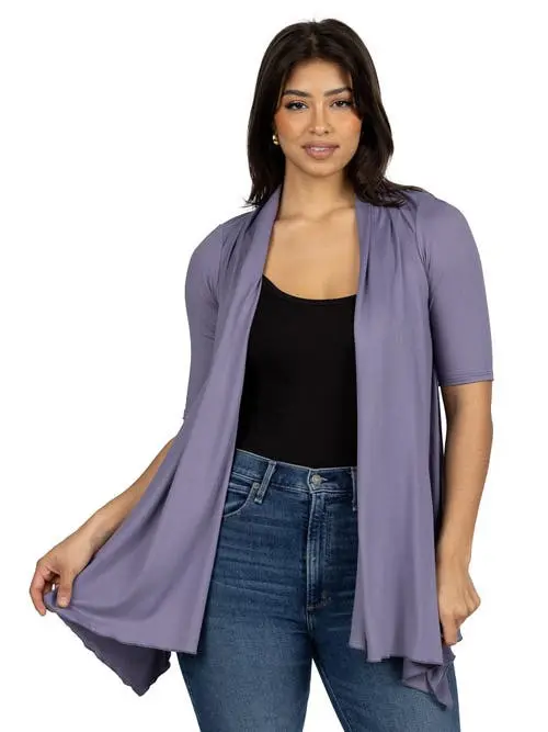 24SEVEN COMFORT APPAREL Loose Fit Open Front Cardigan With Half Sleeves - Mauve