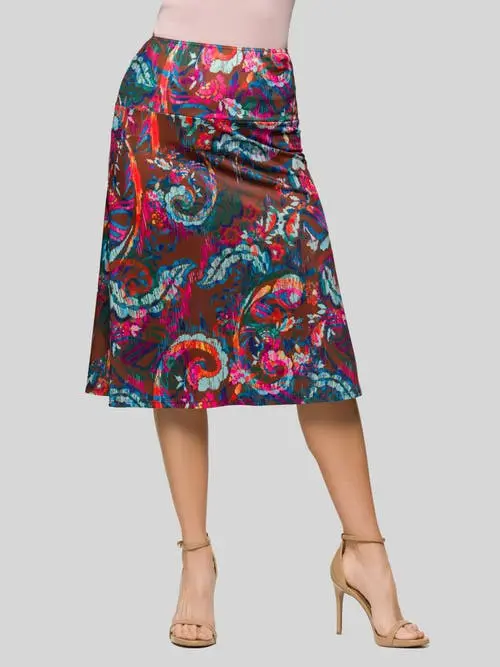 24SEVEN COMFORT APPAREL Paisley Print Knee Length Skirt - Brown Multi