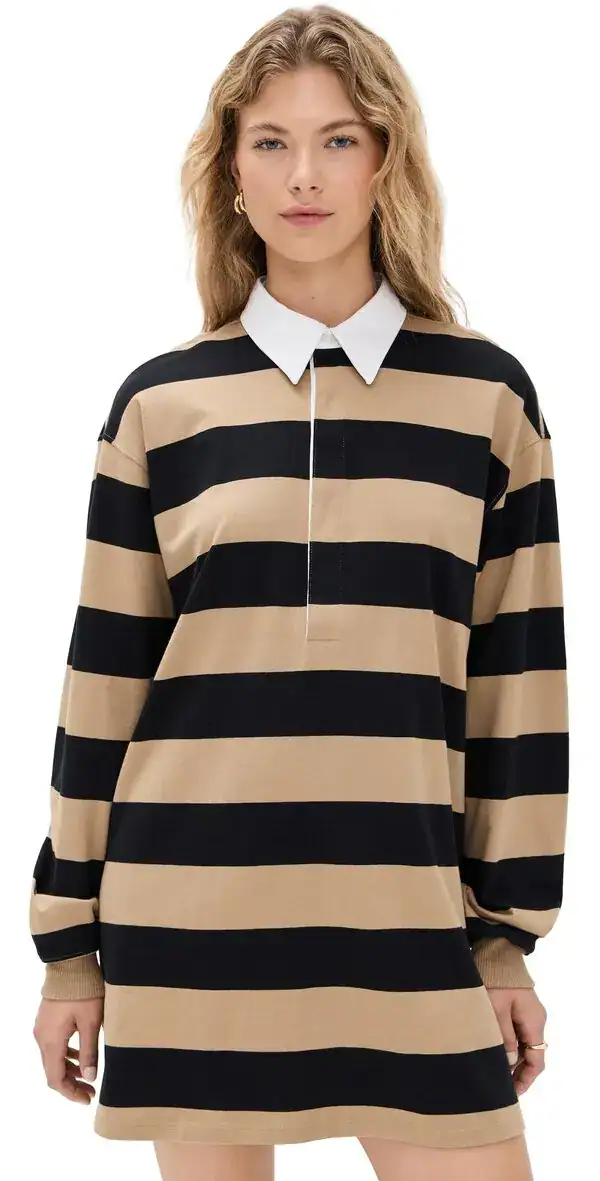 Good American Jersey Polo Mini Dress In Khaki/Black Rugby Stripe - 40% Off  | Editorialist
