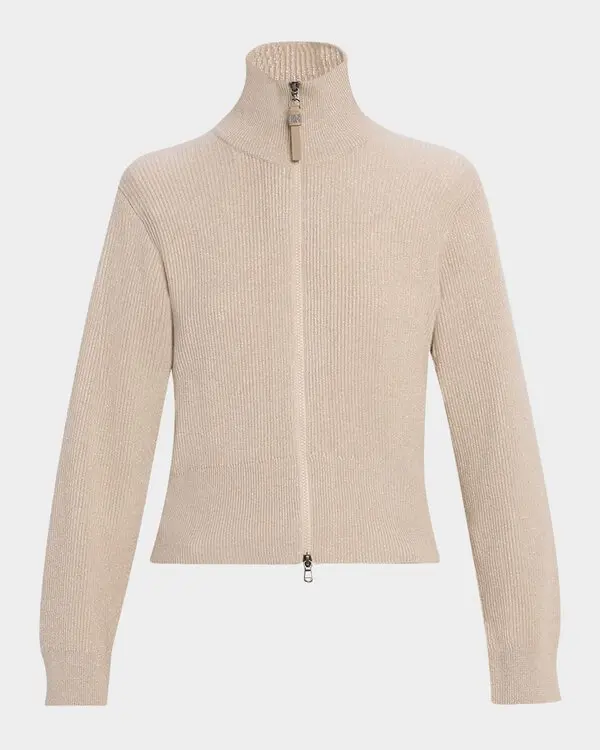 Brunello Cucinelli Sparkly Cashmere Rib Zip Cardigan - Cef37 Feather